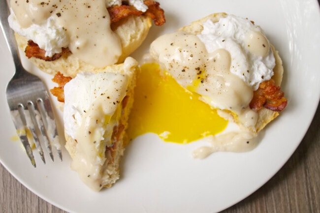 Southern Eggs Benedict with Biscuits, Bacon, and Gravy - 40 Aprons