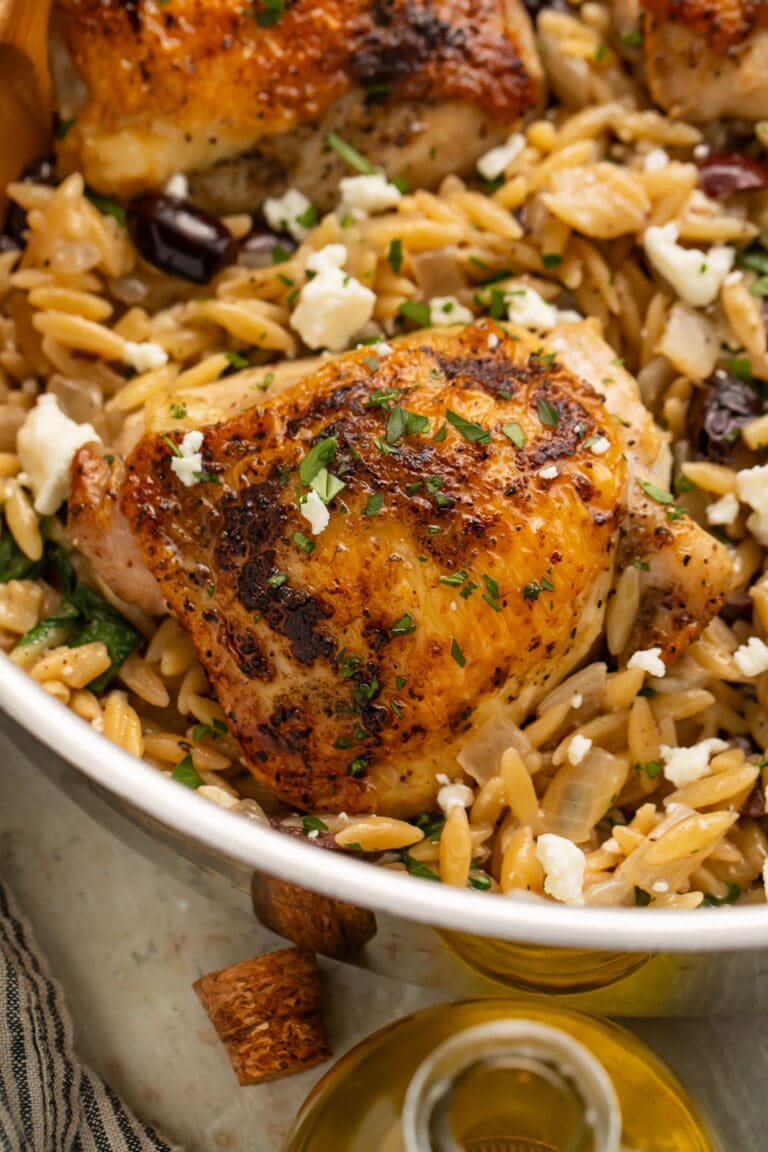 Greek Chicken Skillet with Orzo, Feta, and Spinach - 40 Aprons